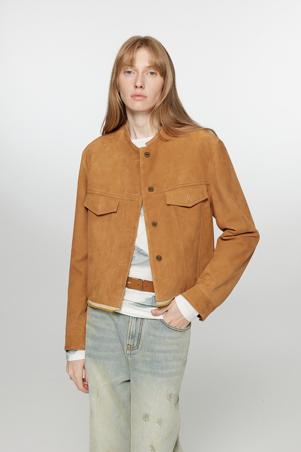 Women's Sheepskin Crop Crew Neck Suede Jacket - SuedeBlazer® Official ...